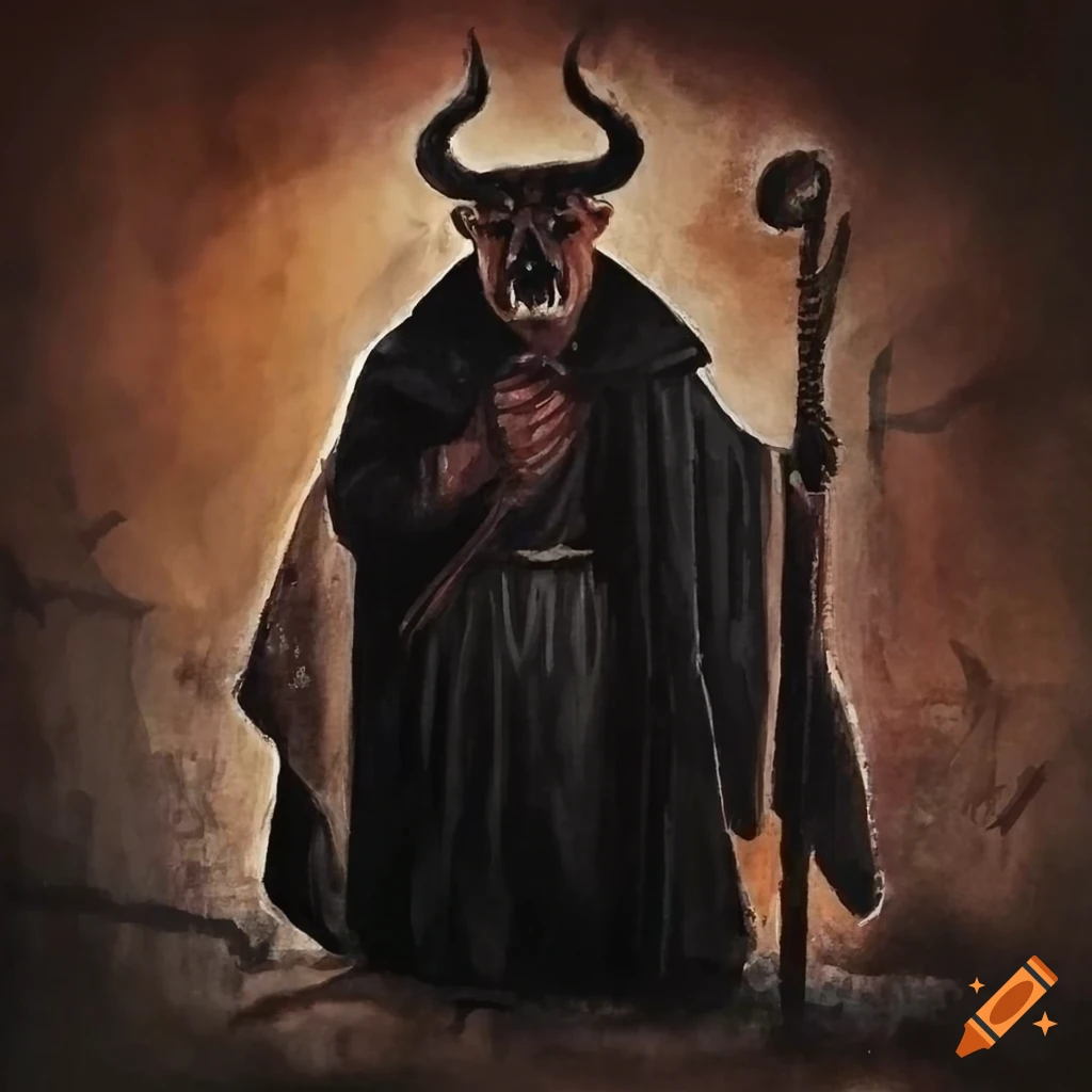 Aquarell painting of a horned minotaur wizard in a dungeon on Craiyon