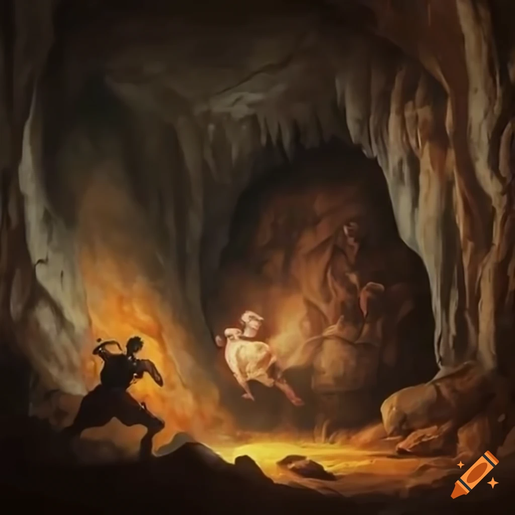 Cave painting depicting a corgi battle on Craiyon