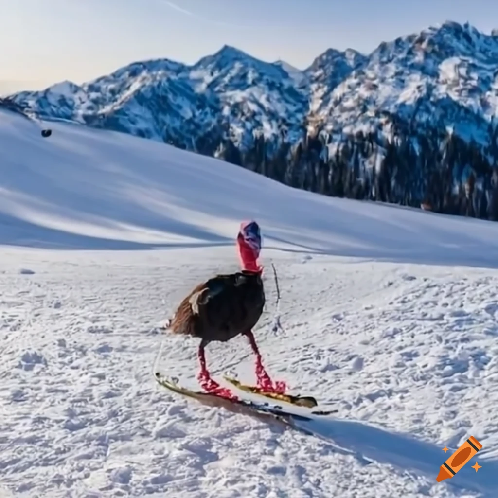 Turkey skiing on snowy mountains on Craiyon