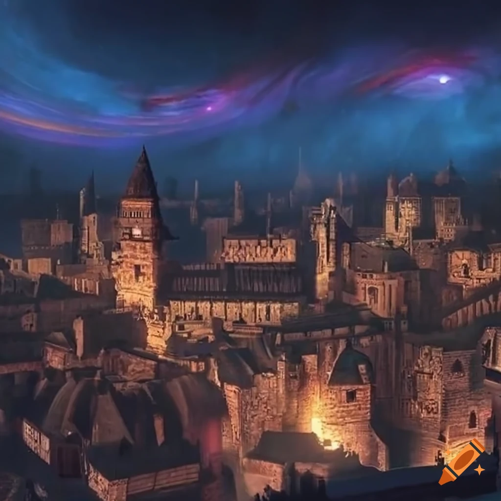 Galaxies over a medieval city on Craiyon