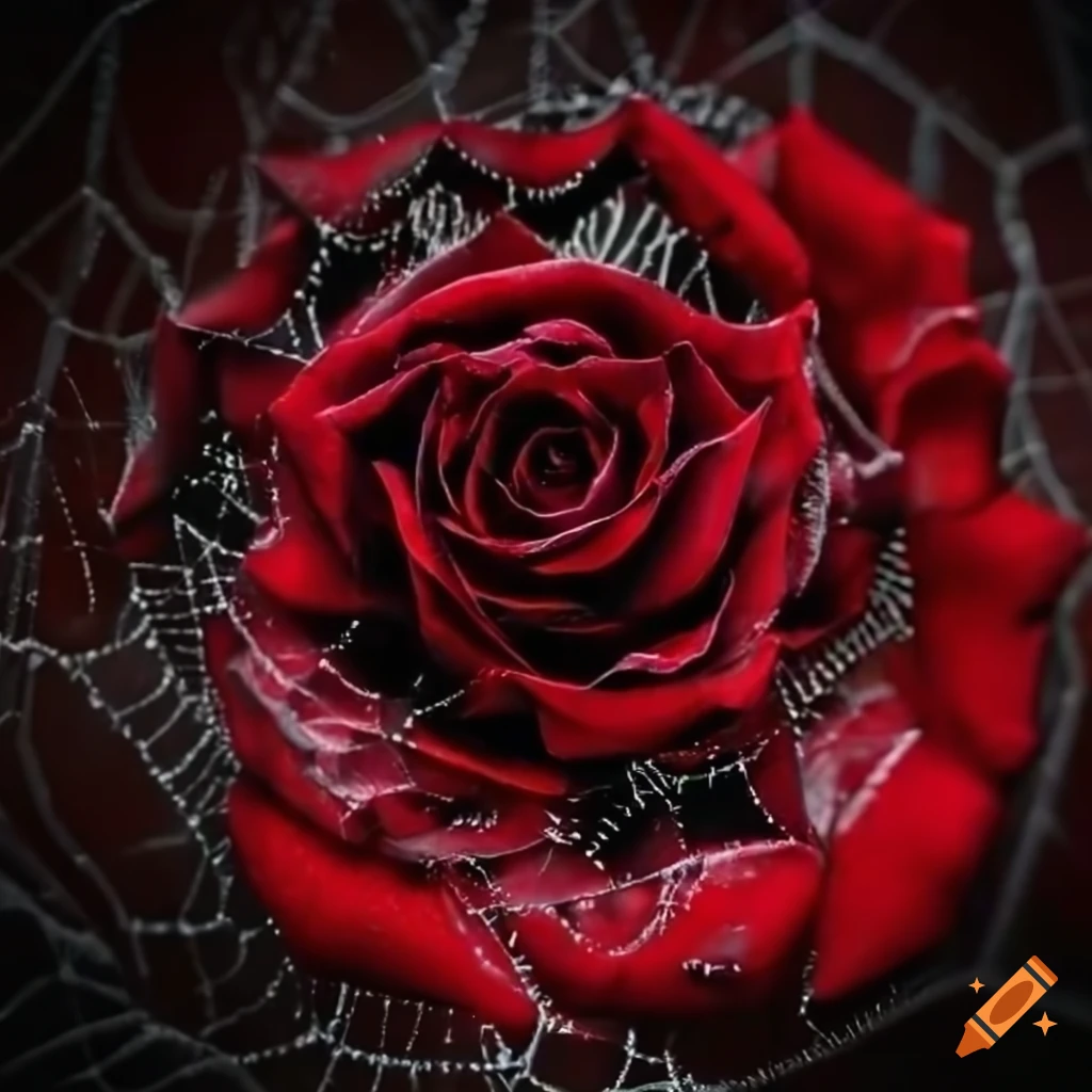 Gothic red roses in a circle with spiderwebs