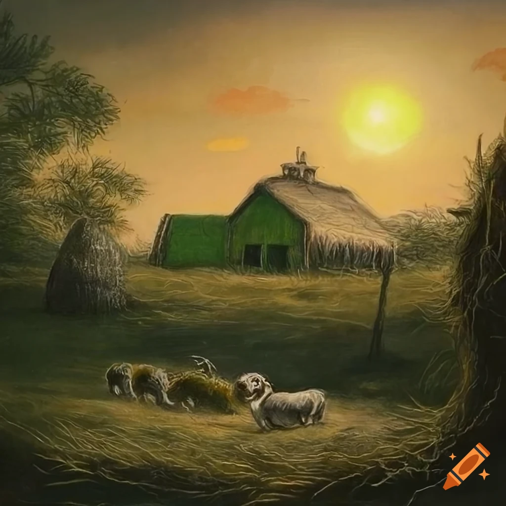 Pencil drawing of a farm with cows and lambs on Craiyon