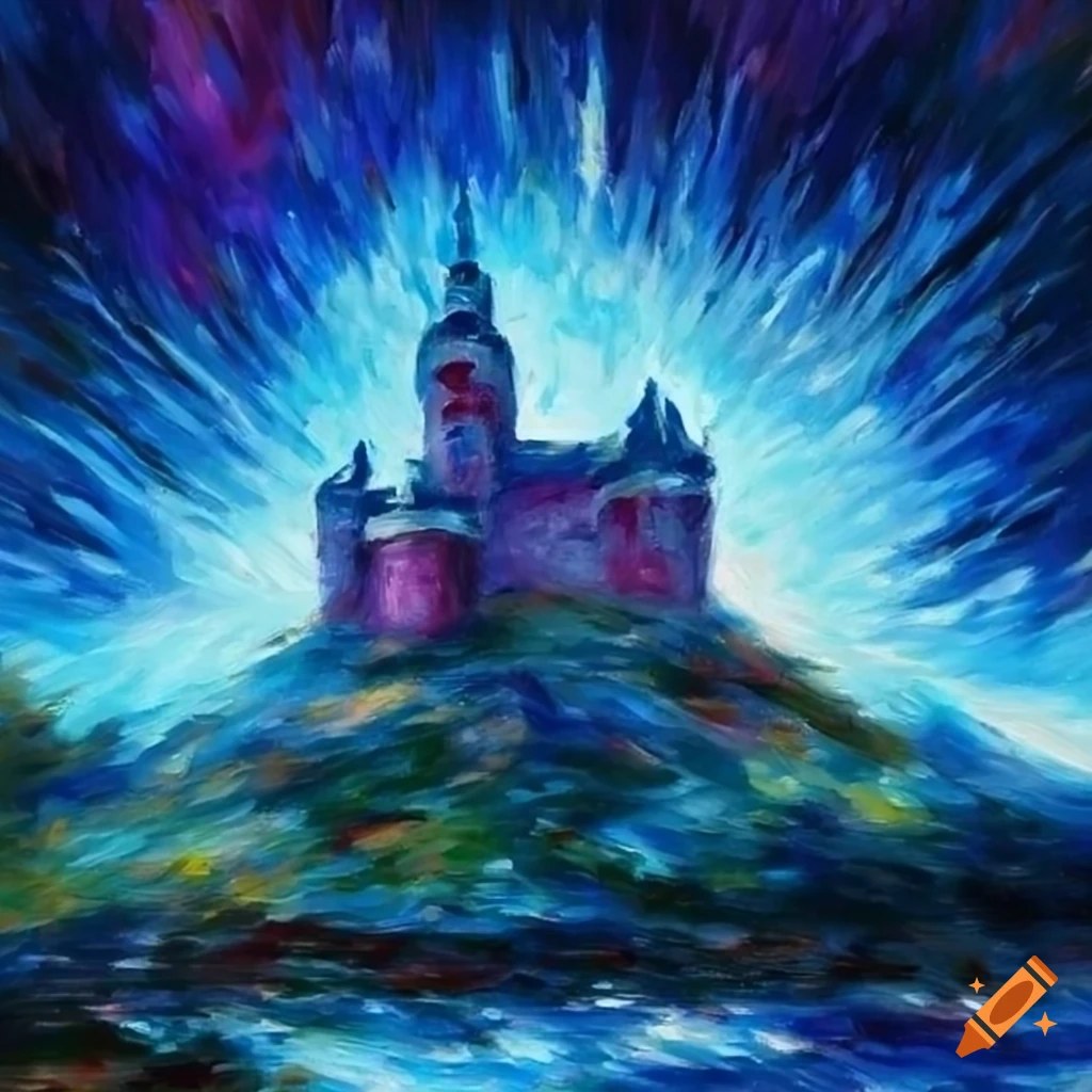 Oil painting of a nordic castle under a blue star