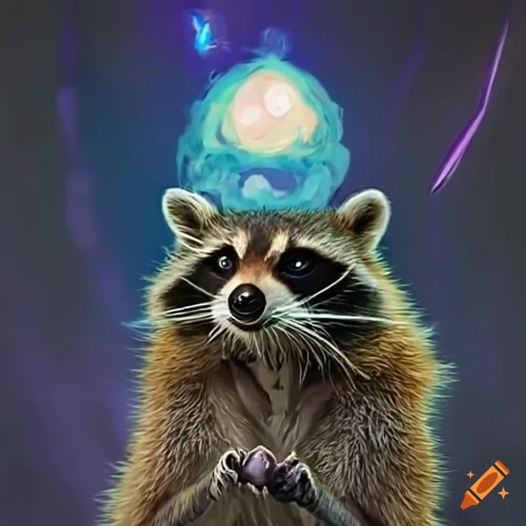 Artwork of a wise raccoon wizard with an orb