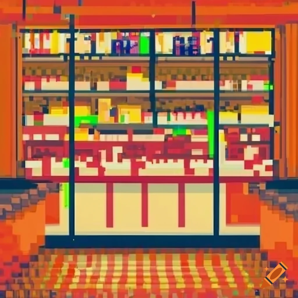 Retro pixel art of a busy supermarket