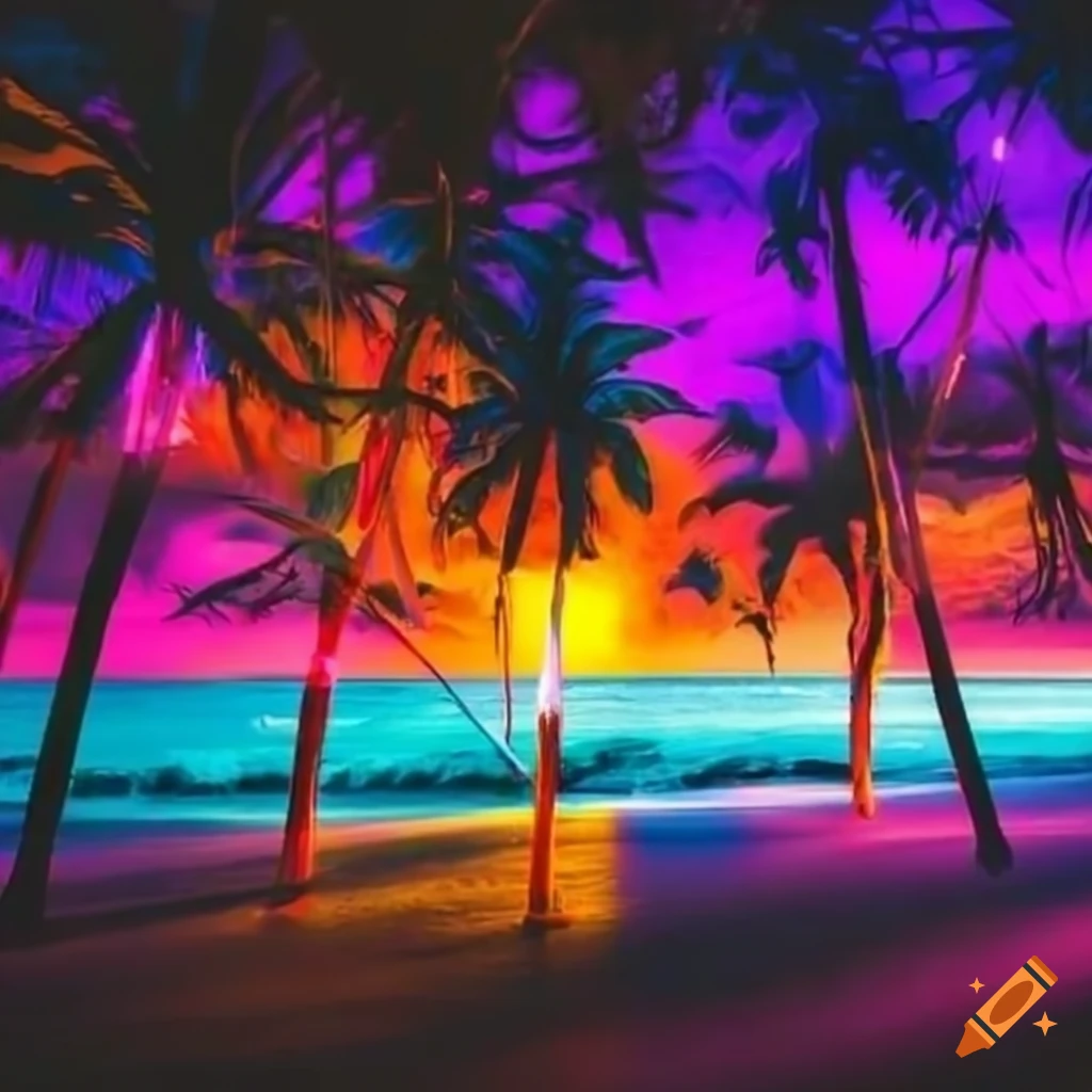 Colorful beach party with neon lights