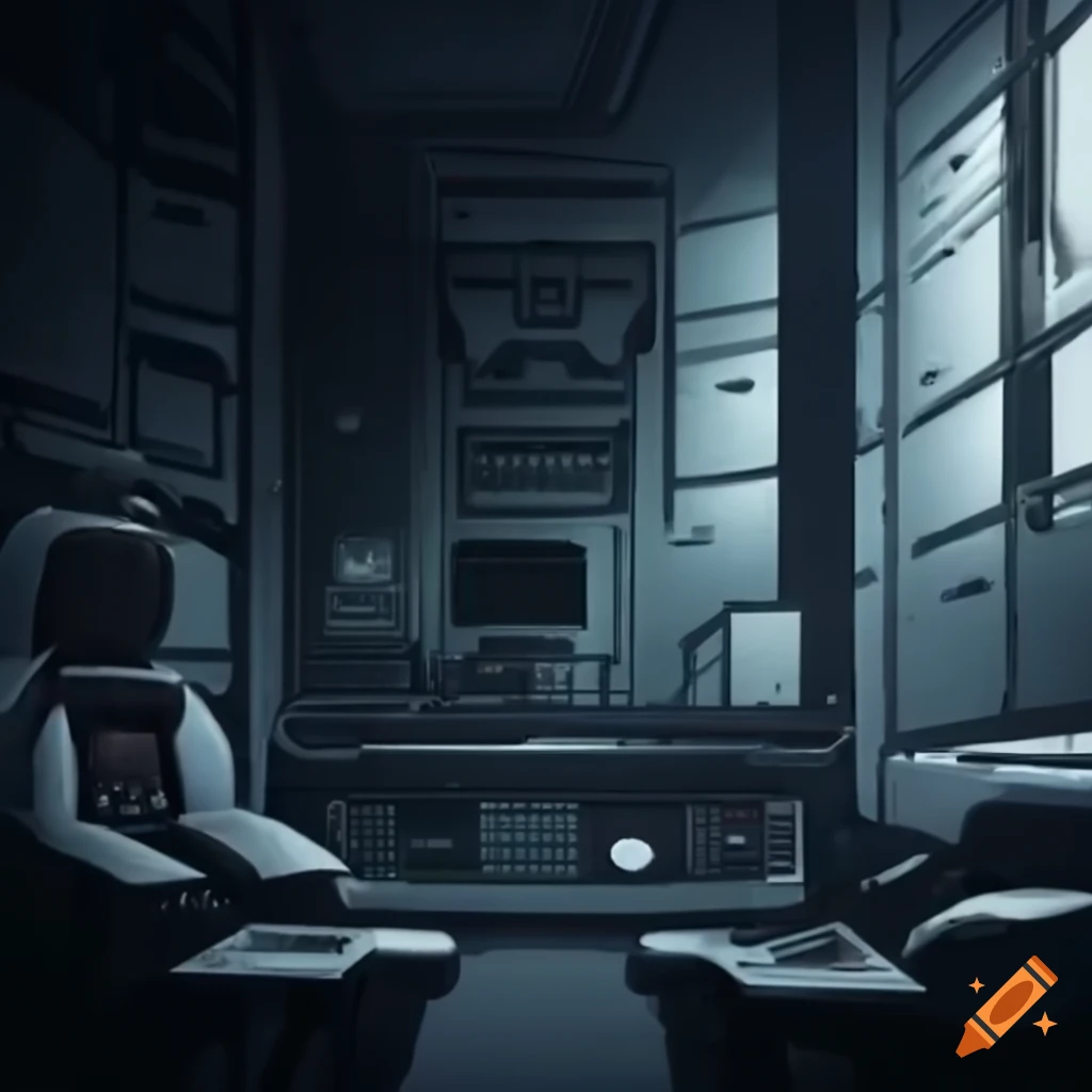 Dark gray control room in a snowy environment on Craiyon