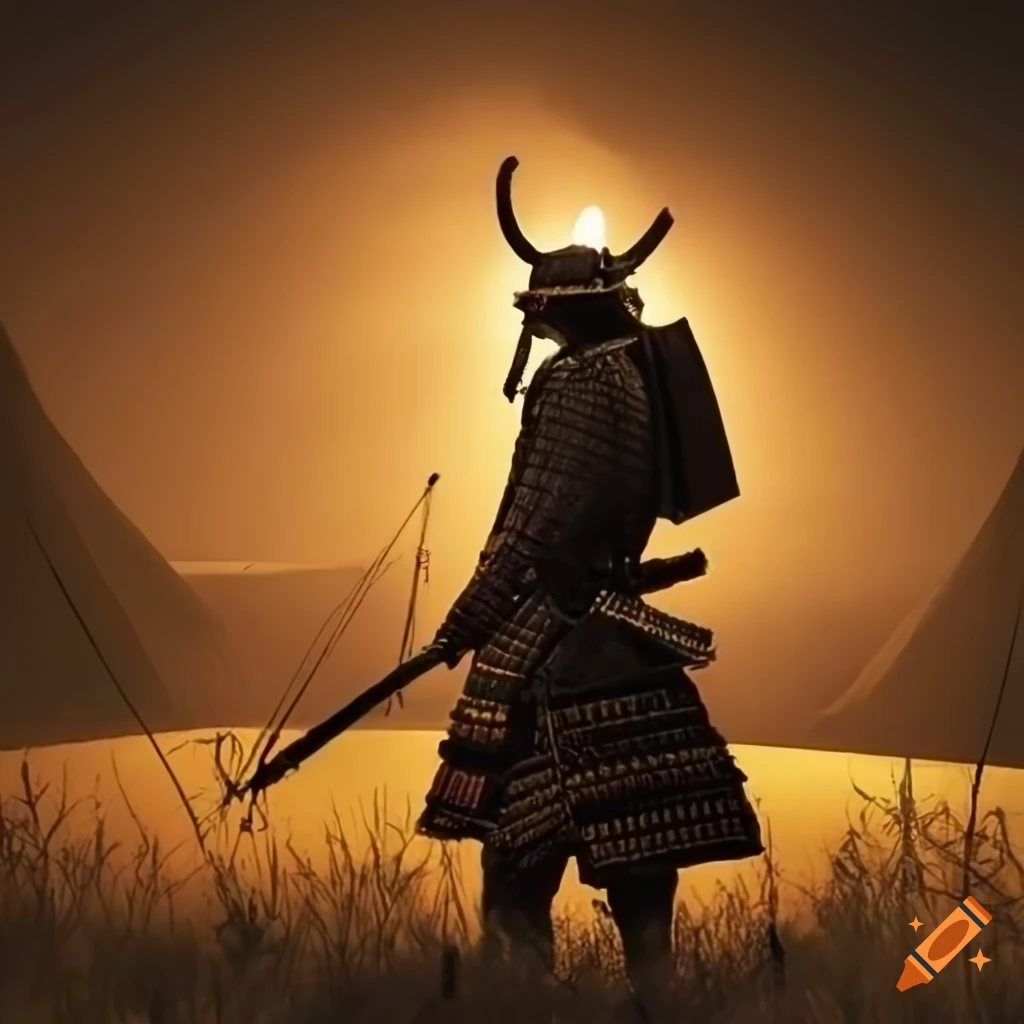 Samurai standing in a field tent at dawn on Craiyon