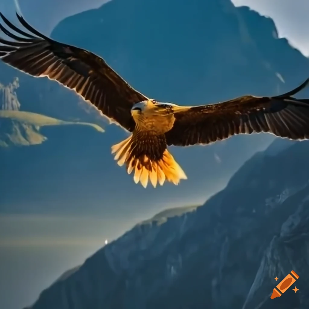Eagle soaring towards a foreboding mountain on Craiyon