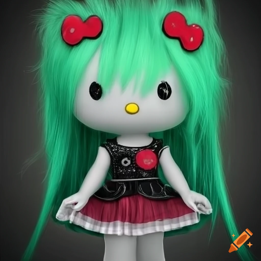 Happy hello kitty with long red hair and pink outfit on Craiyon