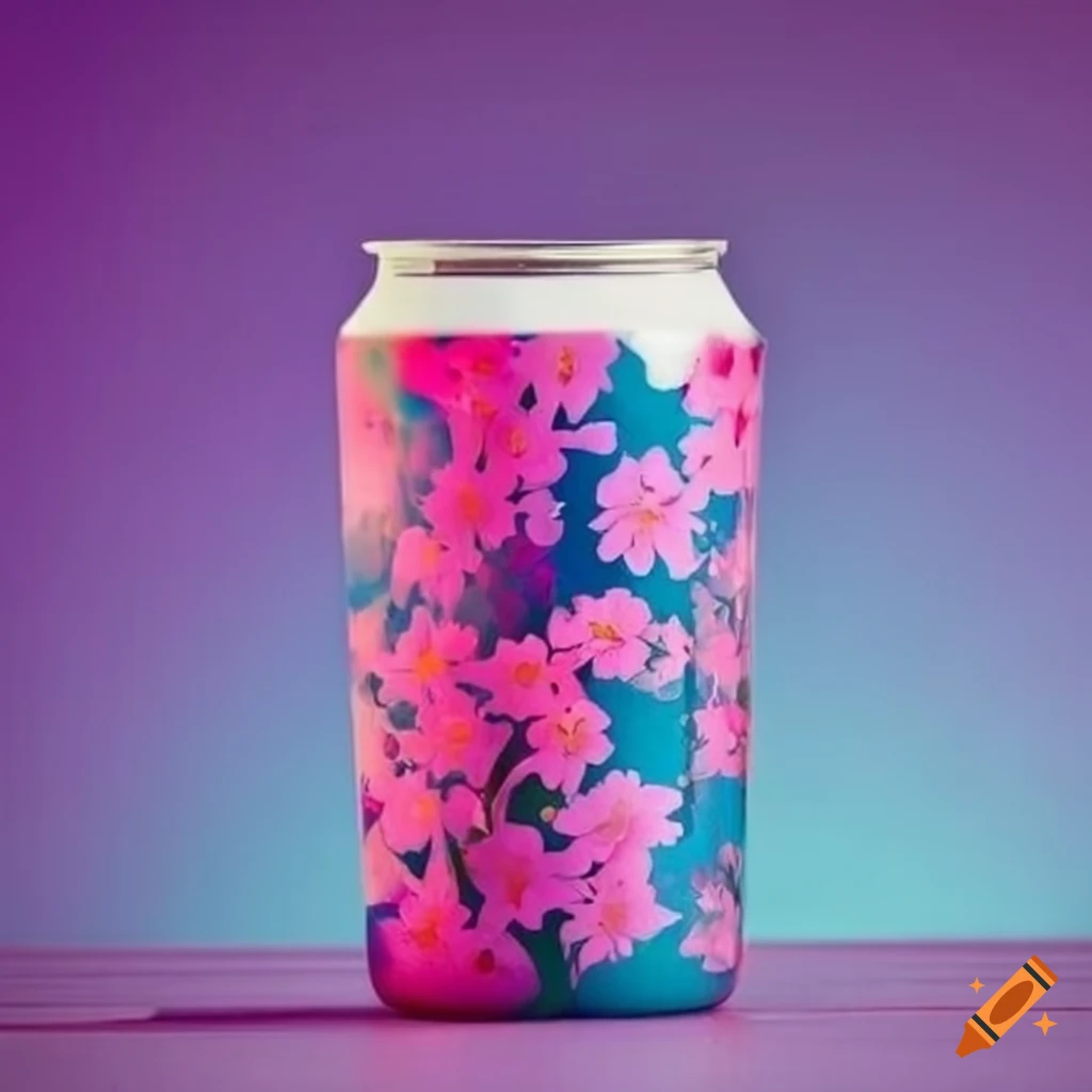 Floral print on a blue and pink drink can on Craiyon