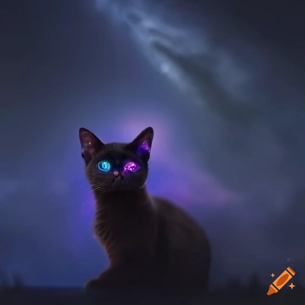 Magical black cat with glowing purple eyes on a stormcloud on Craiyon