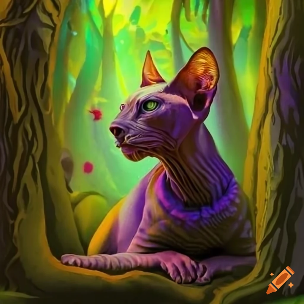 Artistic depiction of a sphinx cat in a forest