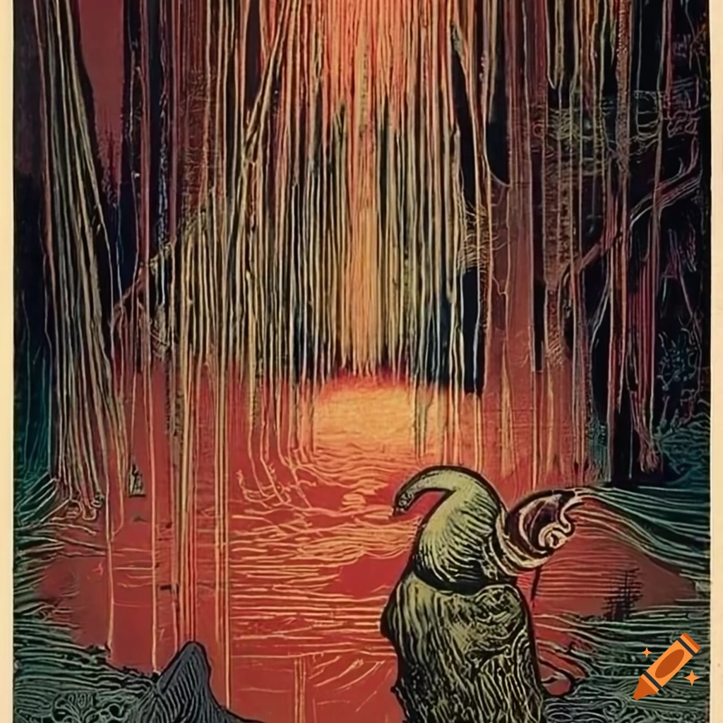 The woodcut-style illustration captures the eerie and malevolent ...