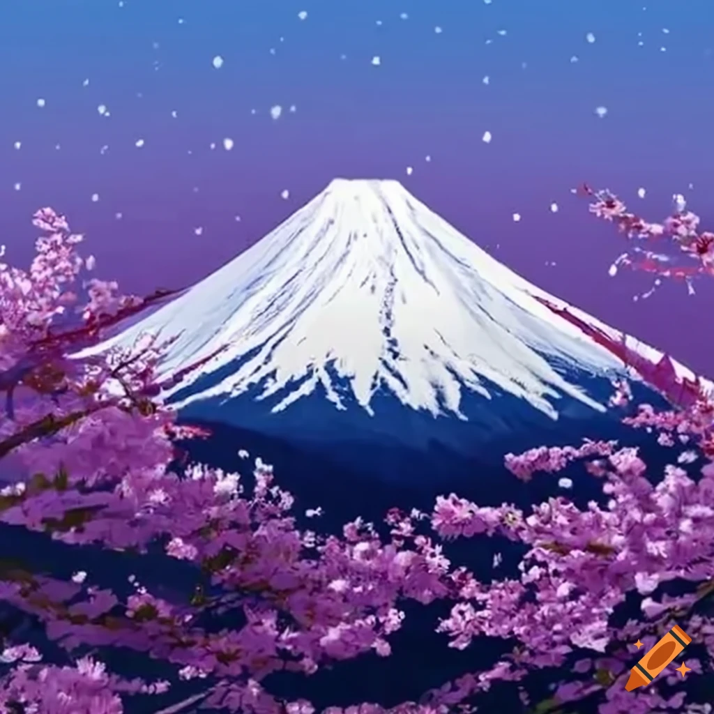Purple sakura tree with mount fuji backdrop on Craiyon