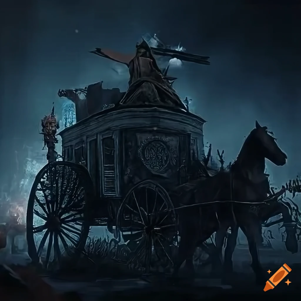 Cyberpunk gothic horror scene with a stagecoach and neon signs