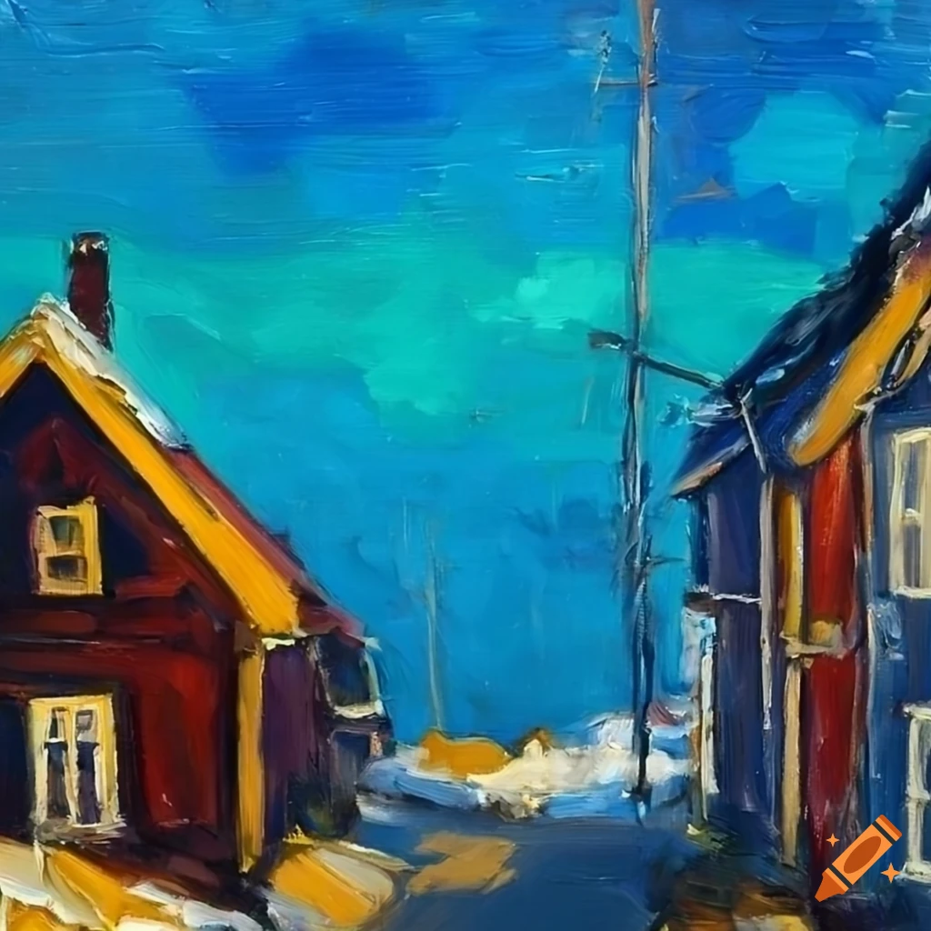 Oil painting of a norwegian town under a stormy winter sky on Craiyon