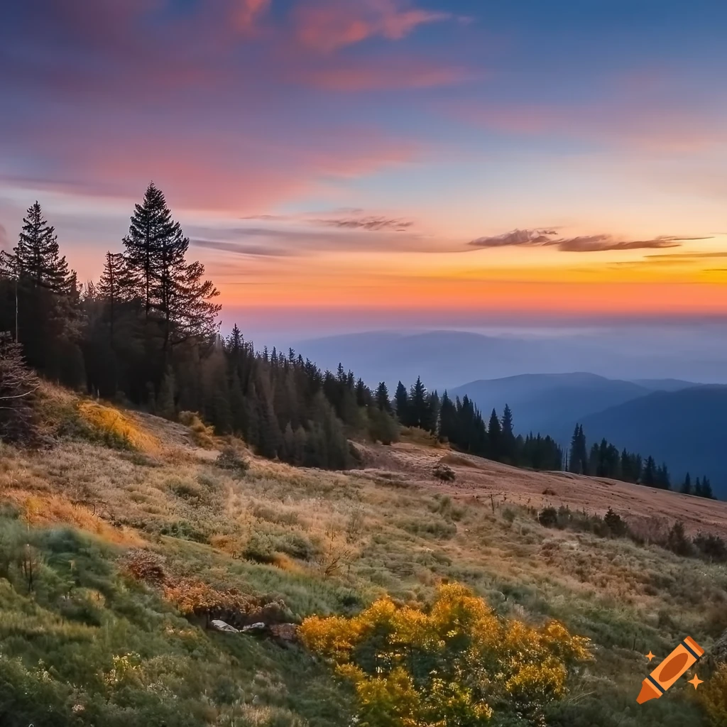 Sunset over a cozy cabin on a mountain on Craiyon
