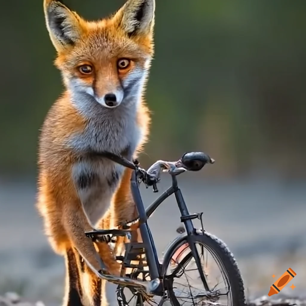 A fox riding a bicycle with baguettes