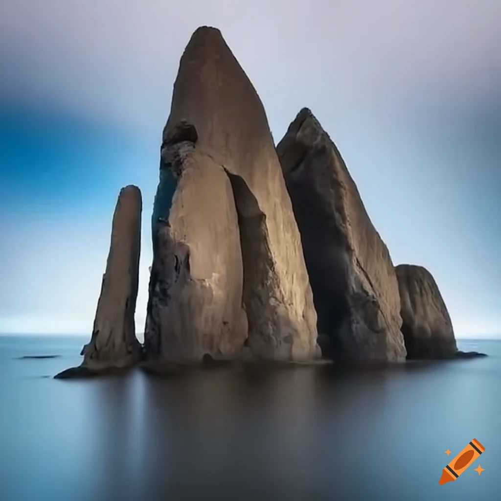 Coastal rocks standing tall in the ocean on Craiyon