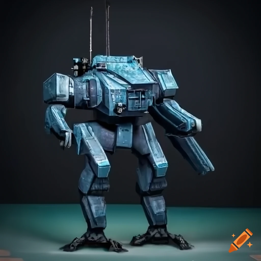 Grey and blue Armoured Mech on the beach on Craiyon