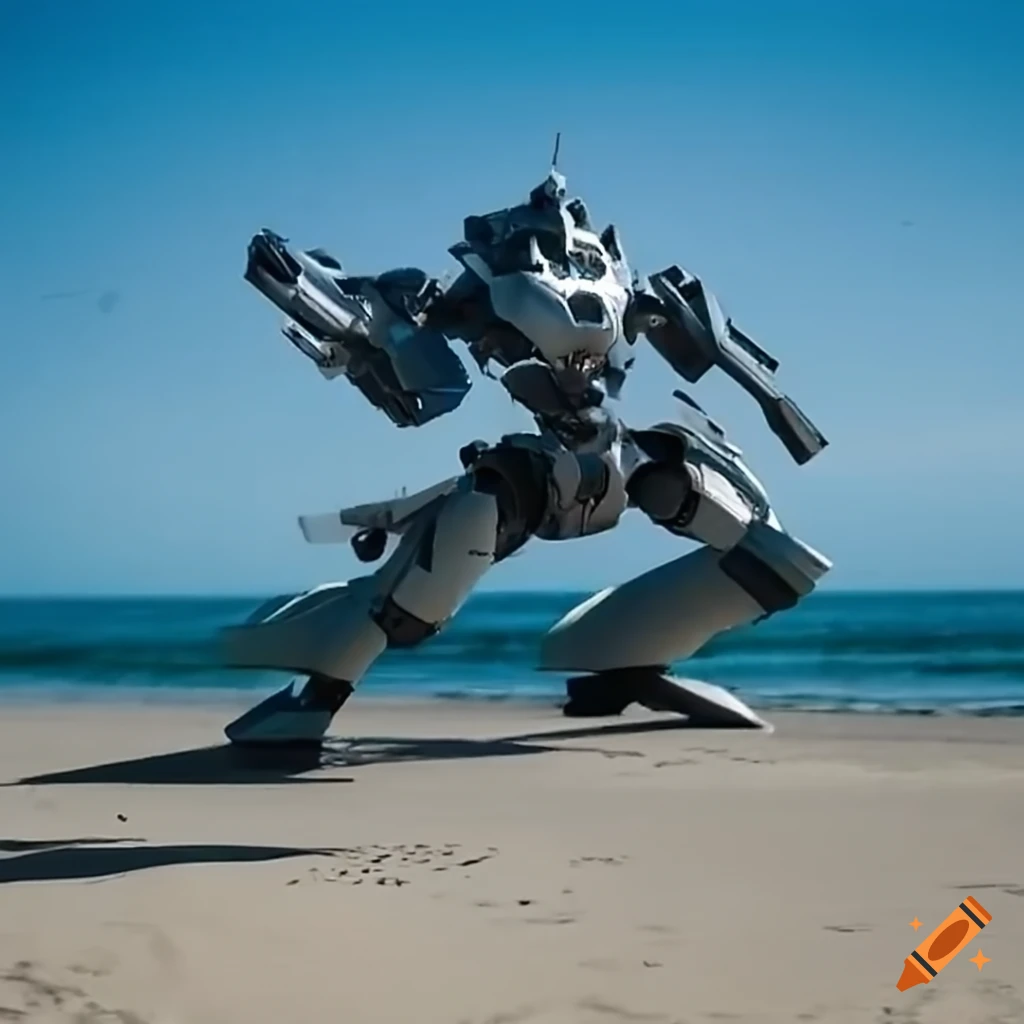 Grey mecha walking on the beach on Craiyon