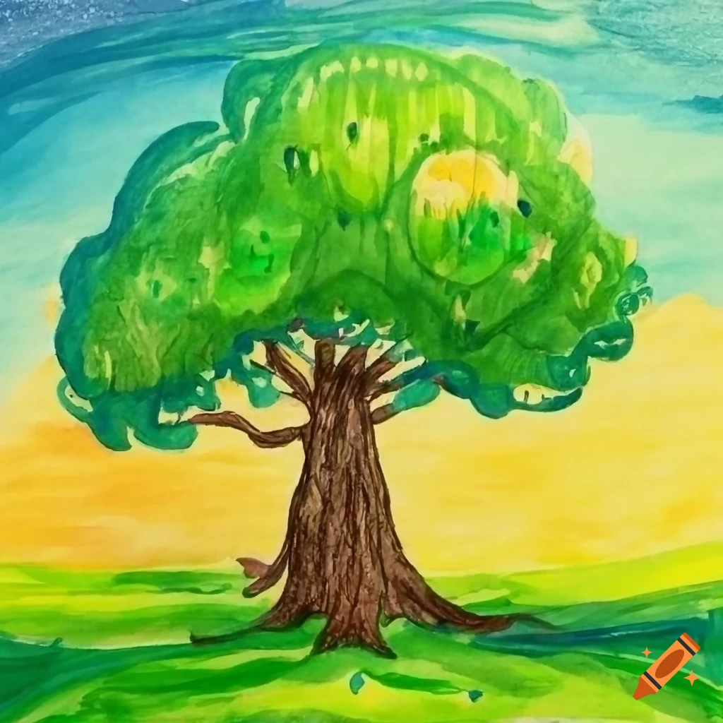 Children's drawing of a forest with a big tree on Craiyon