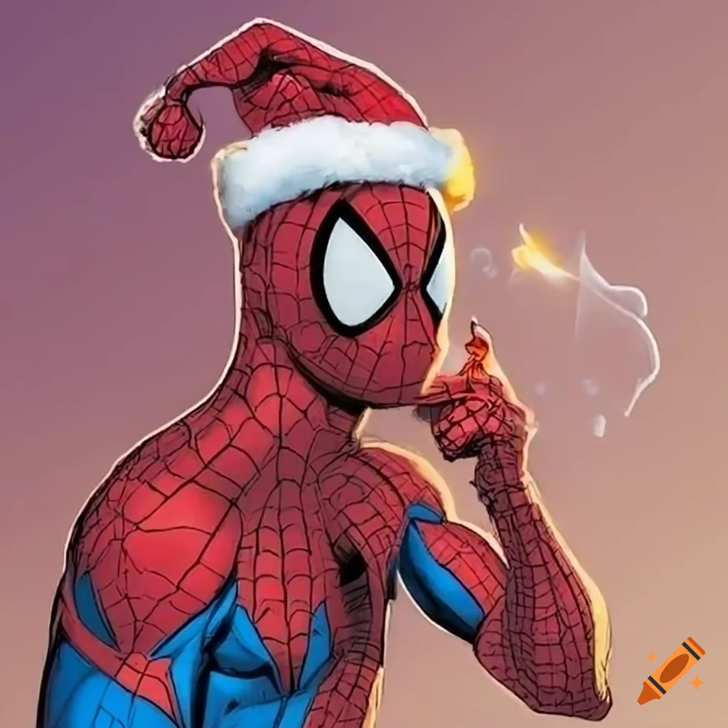 Spider-man comic with lit joint and santa hat on Craiyon