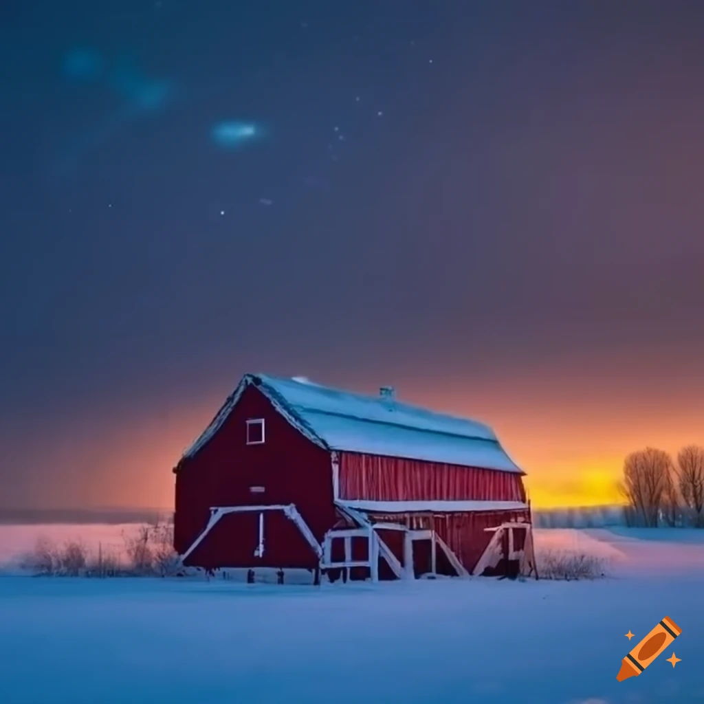 Nighttime scene of a snowy farm barn on Craiyon