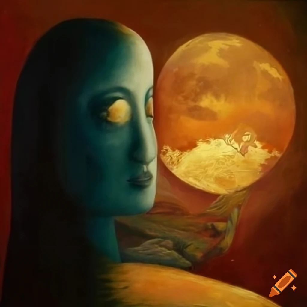 Surrealist painting of women and man on moon landscape