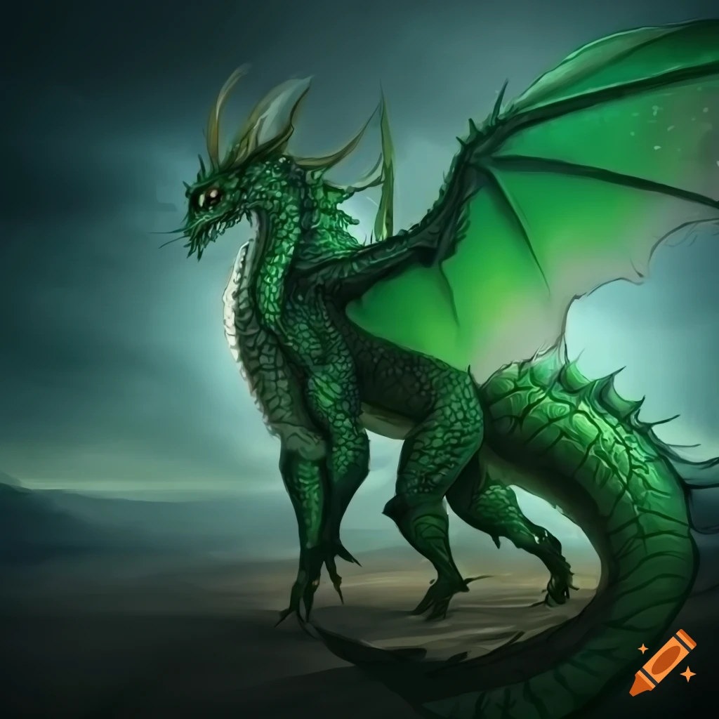 Art of a majestic green dragon in high fantasy style on Craiyon