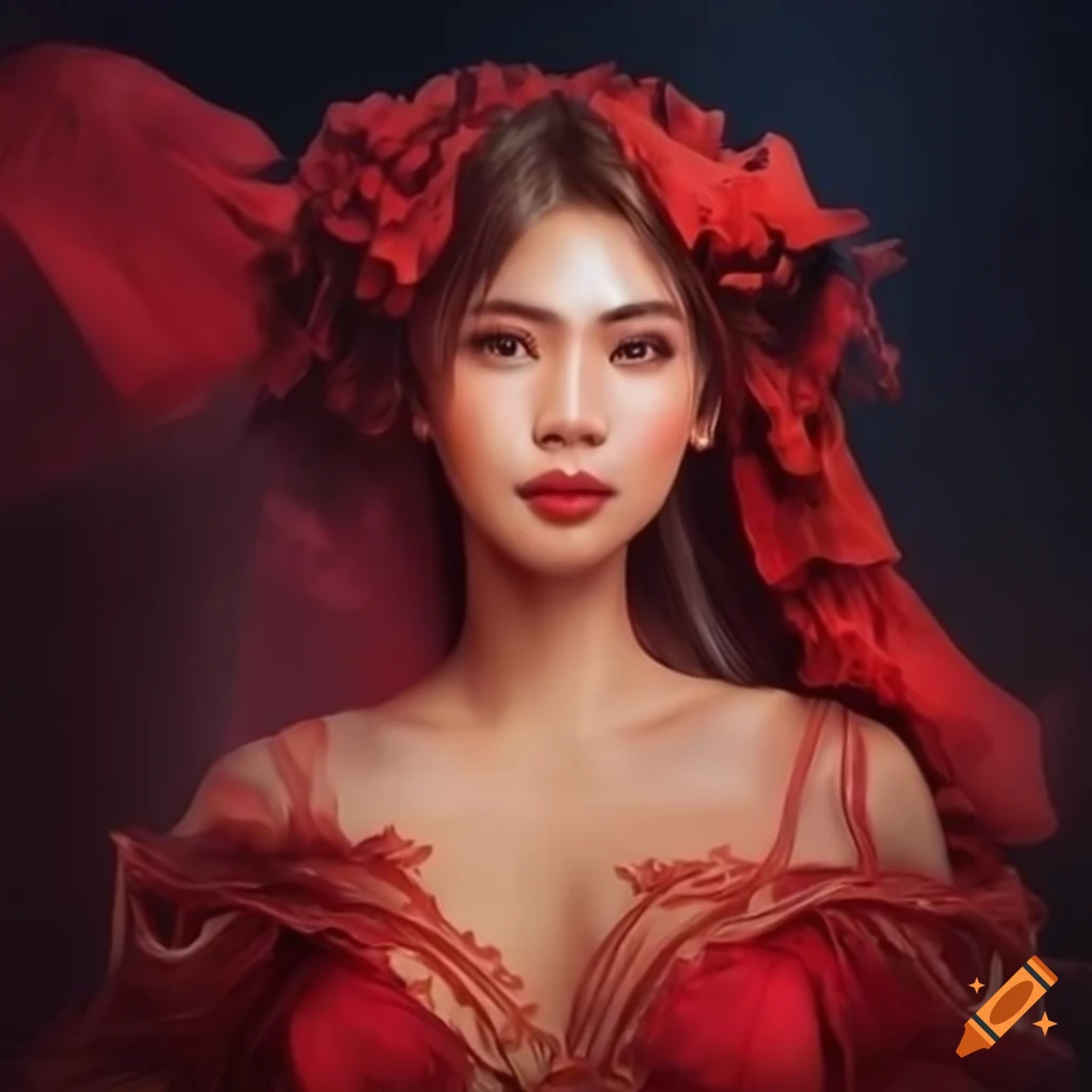 Black-winged asian woman in green vietnamese dress holding a gold scale in front of a destroyed ...