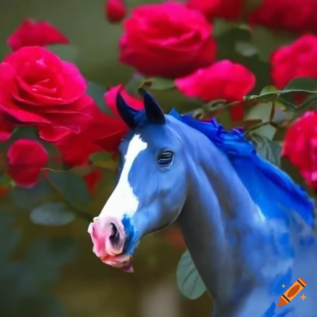 Horse in a red and blue rose garden