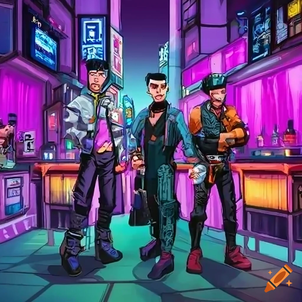 Cyberpunk guys entering a neon-lit bar on Craiyon