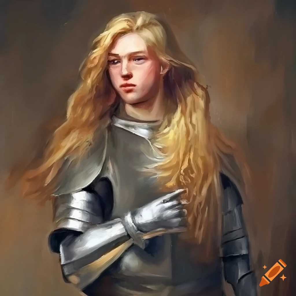 Oil painting of a blond long-haired medieval knight in blue tunic on ...