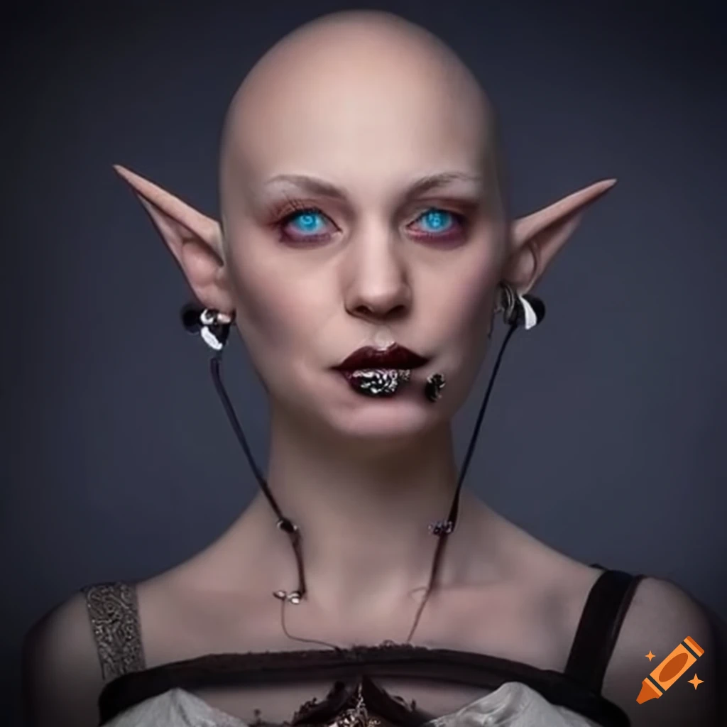 Image of a fierce female bald elf wizard with piercings on Craiyon