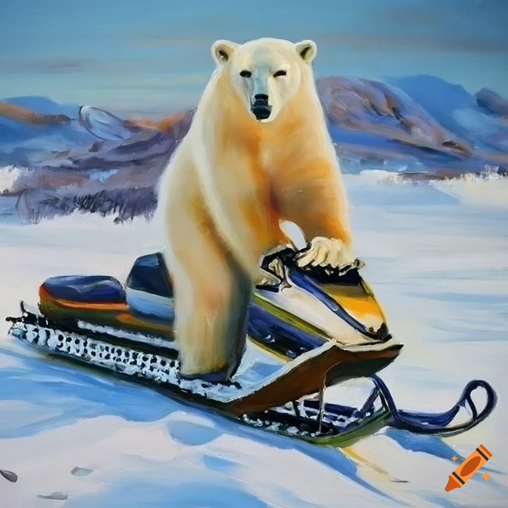 Polar bears riding a snowmobile in an oil painting on Craiyon