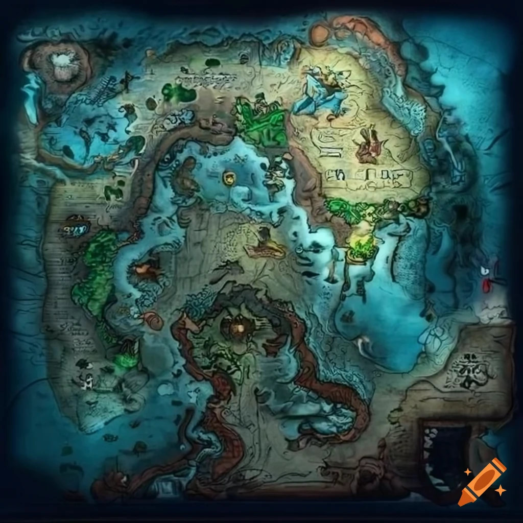 Intricate board game map with mythical creatures and treasure on Craiyon