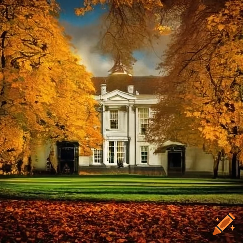 Autumn view of a victorian welsh white hall in a park on Craiyon