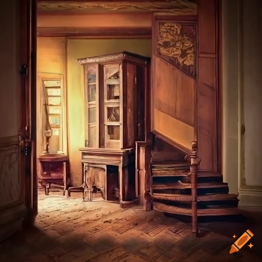 Old room with wooden stairs and furniture