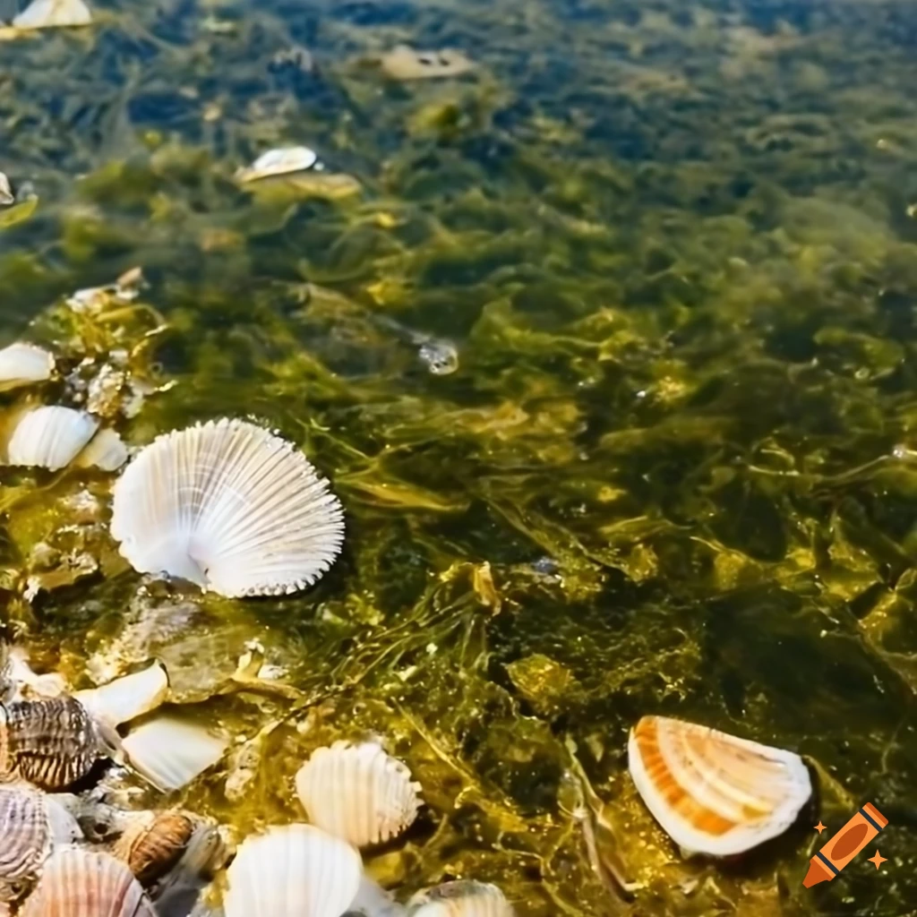 Clear beach lake with reflections of seashells and seaweed on Craiyon