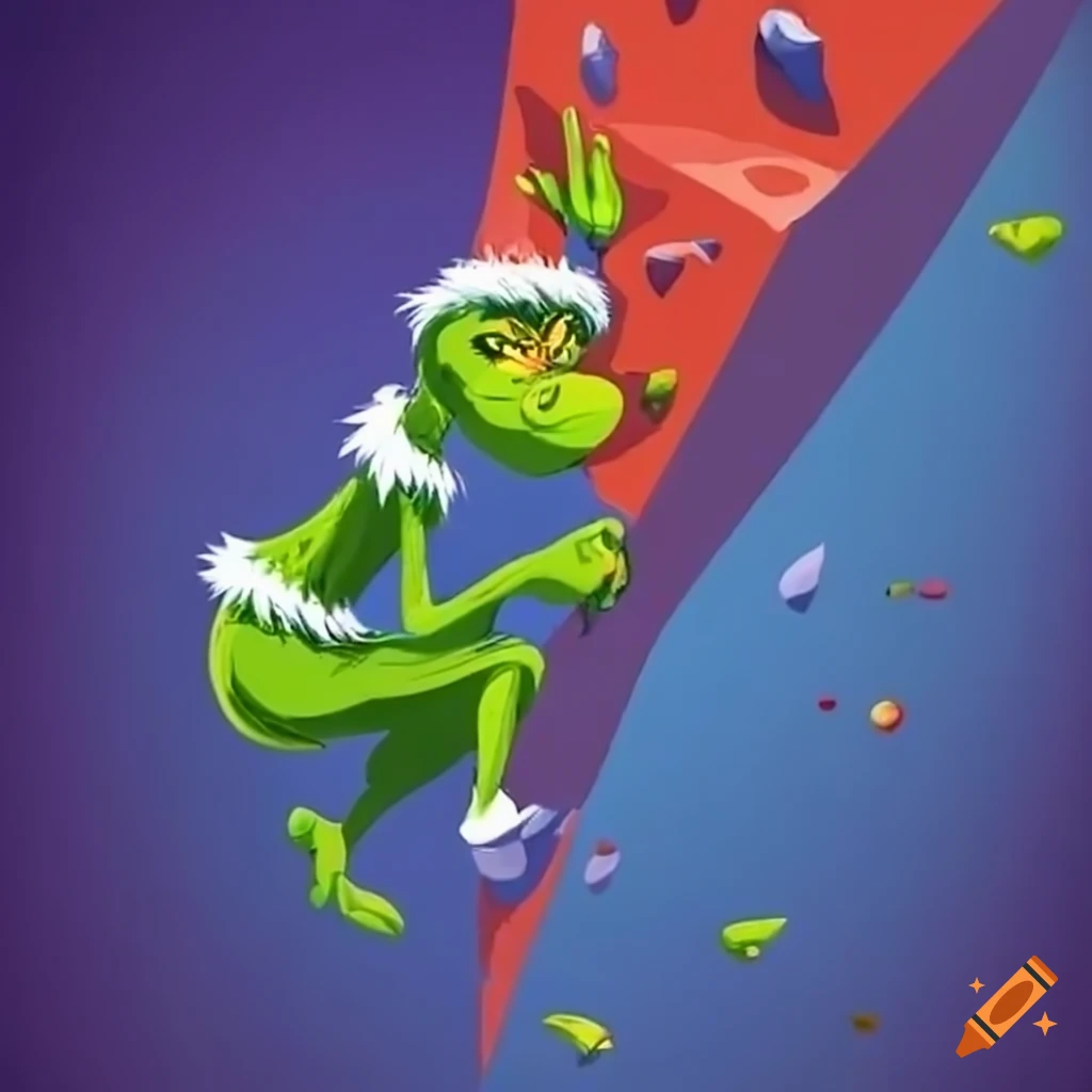Image of the Grinch climbing on a bouldering wall on Craiyon
