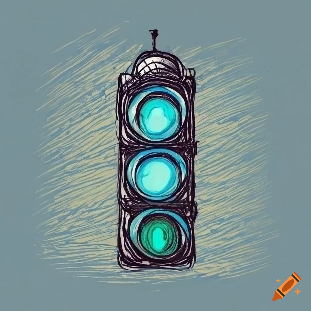Hand-drawn sketch of a blue and black traffic light