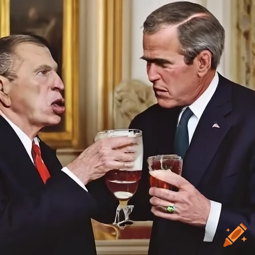 Vladimir zhirinovsky and george bush jr having a drink on Craiyon