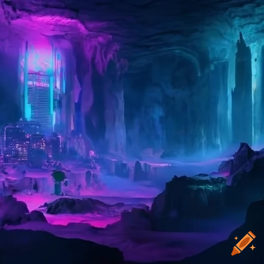 Neon-lit cityscape in a cave on Craiyon