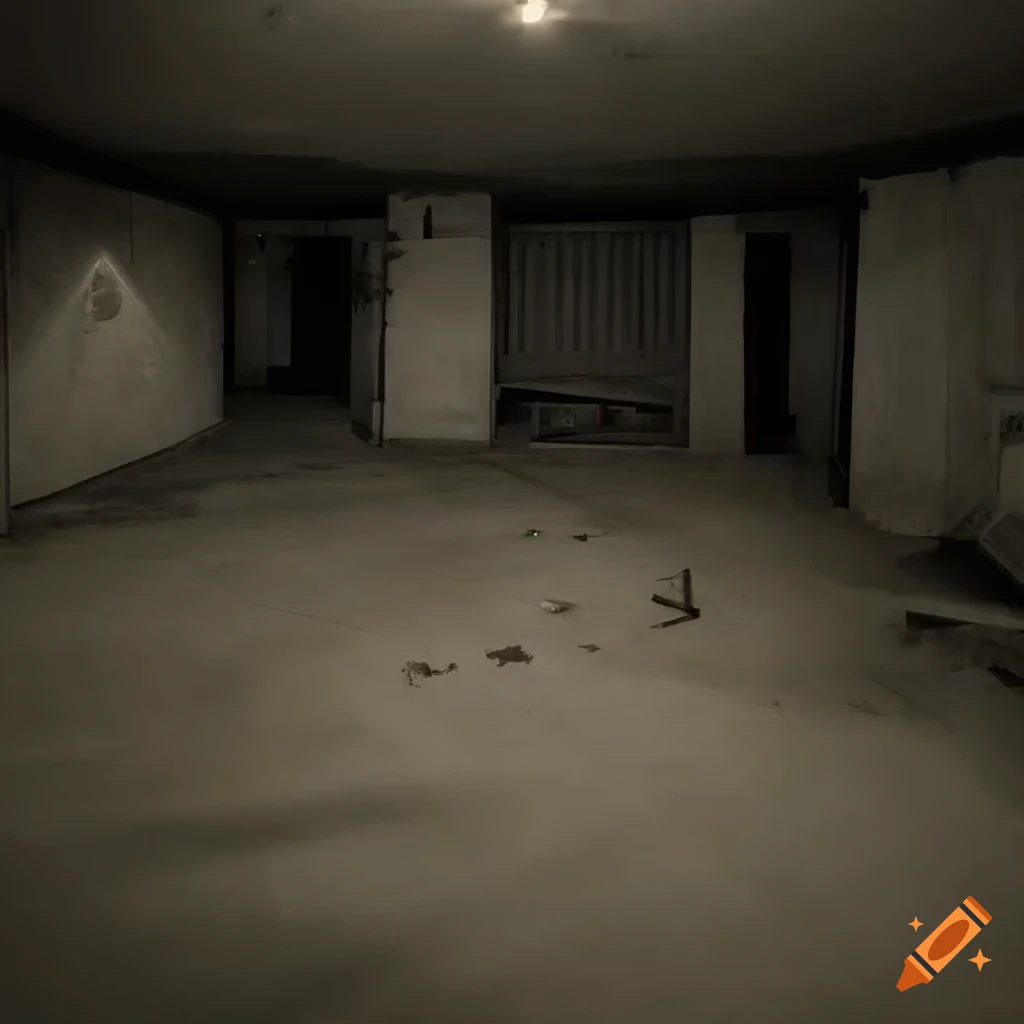 Screenshot of a creepy basement with hidden figure on Craiyon