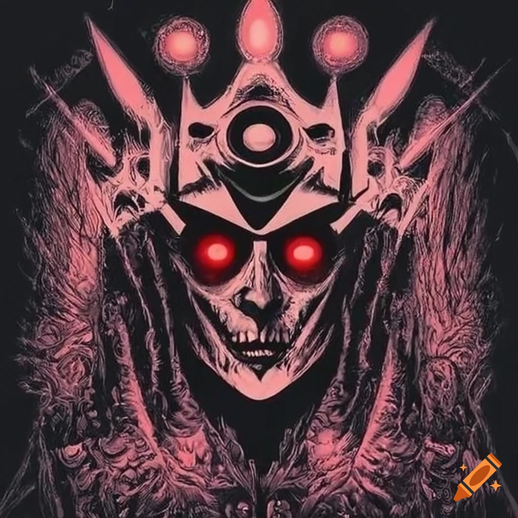 Surreal image of a dark figure with red eyes and crown on Craiyon