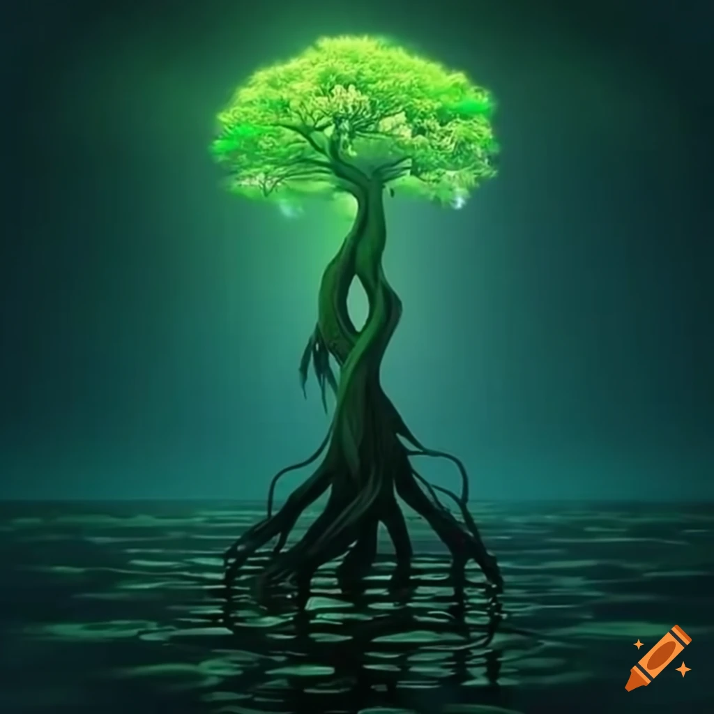 Image of a dark green fantasy tree with twisting roots in water