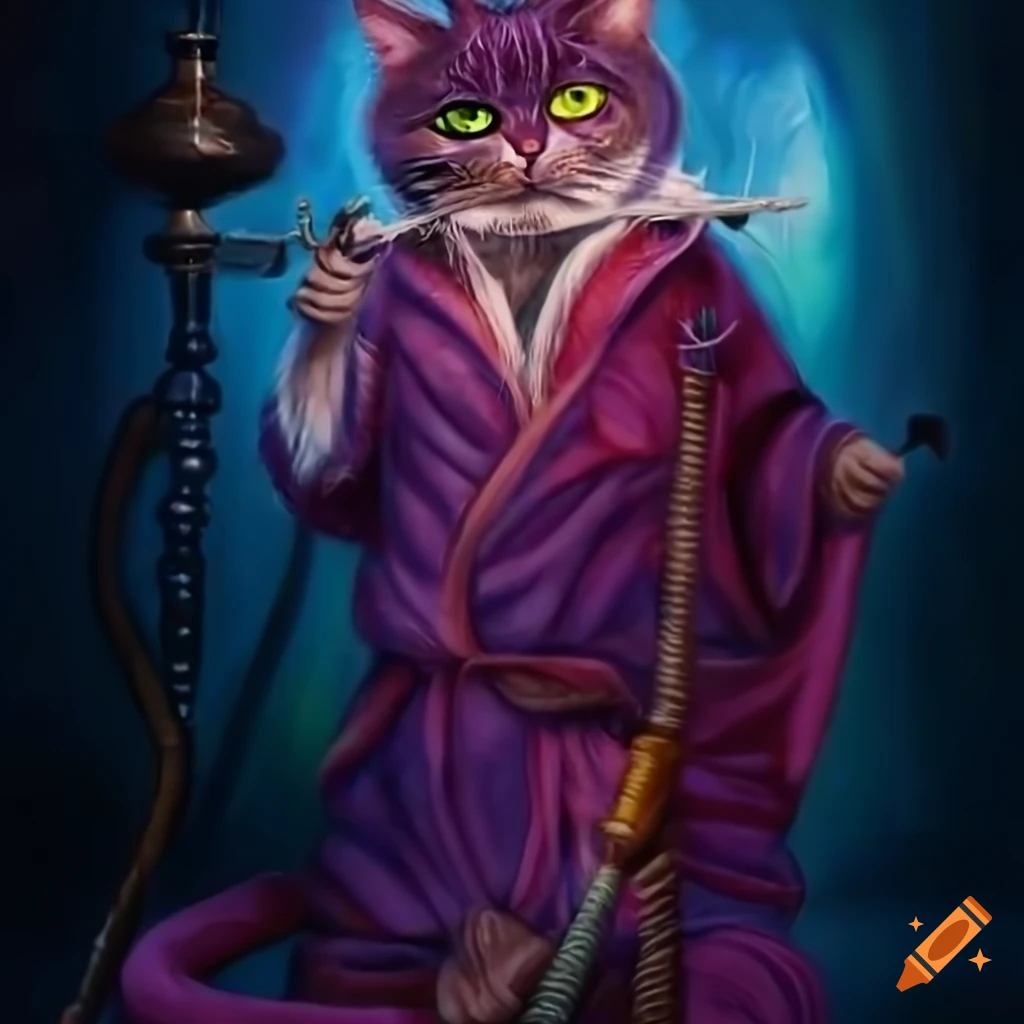Realistic depiction of the Cheshire Cat smoking hookah on Craiyon