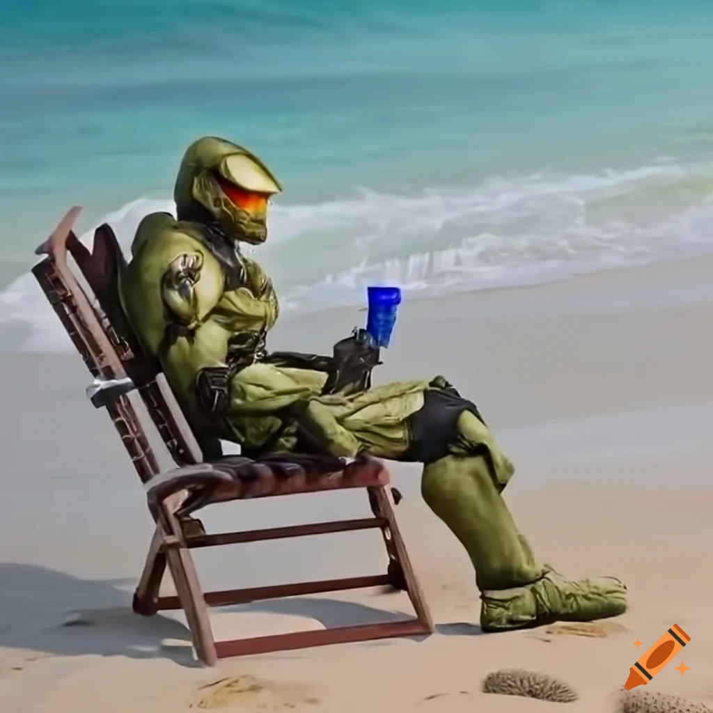 Master Chief relaxing on a beach chair with a drink on Craiyon